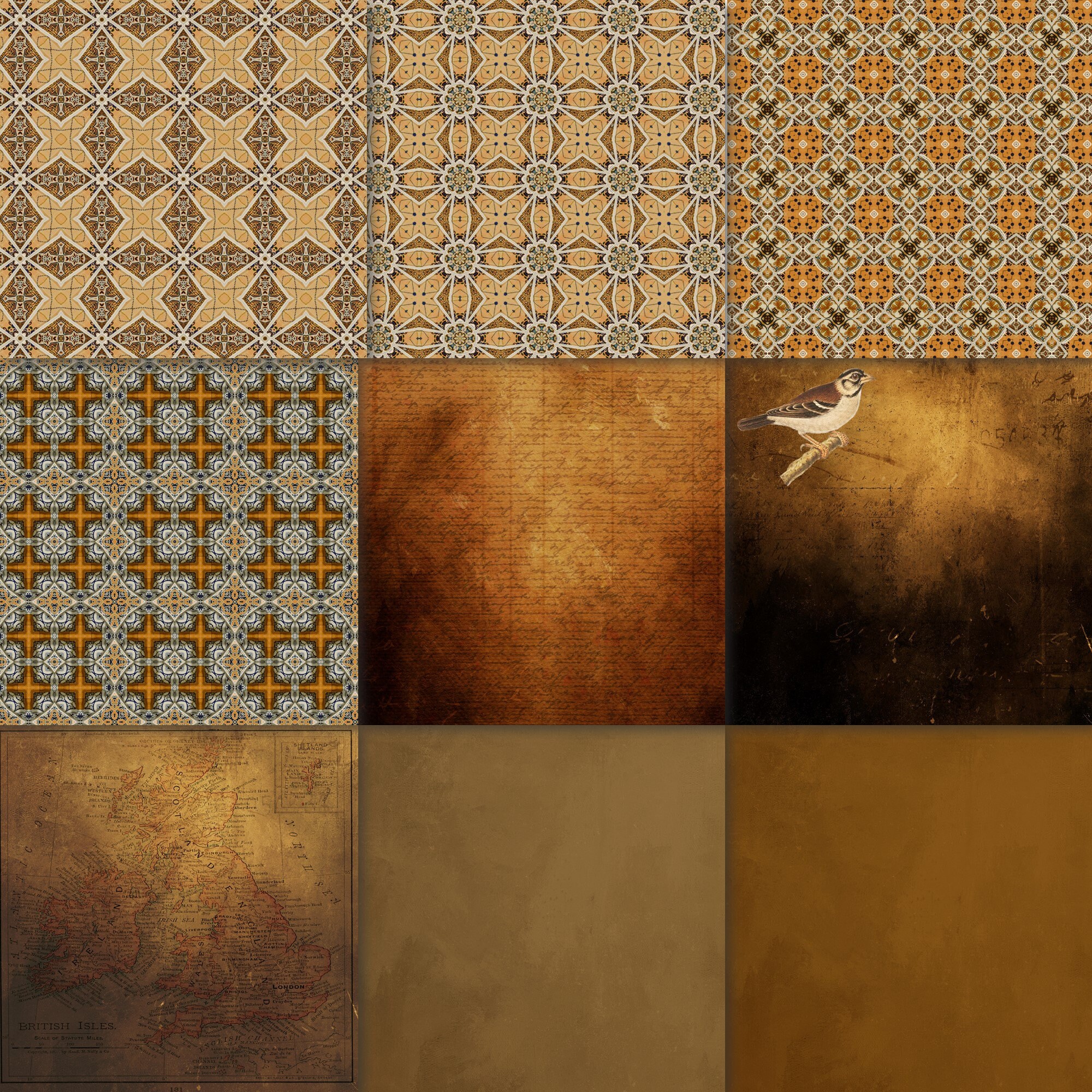 Digital Paper Pack, Vintage Bird, Vintage Map, Tile Patterns, Digital ...