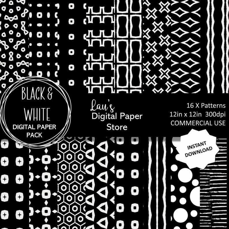 Digital Paper Pack, Black & White Geometric Patterns, Decorative Paper ...