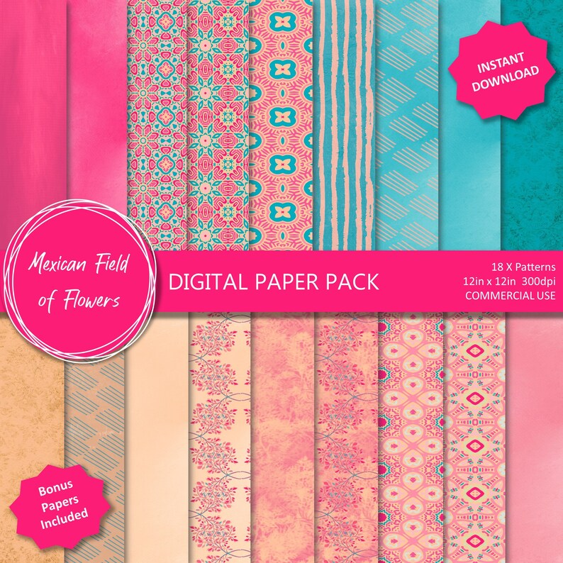 Bright Pink and Blue Flowers Pattern Digital Paper Pack - Etsy