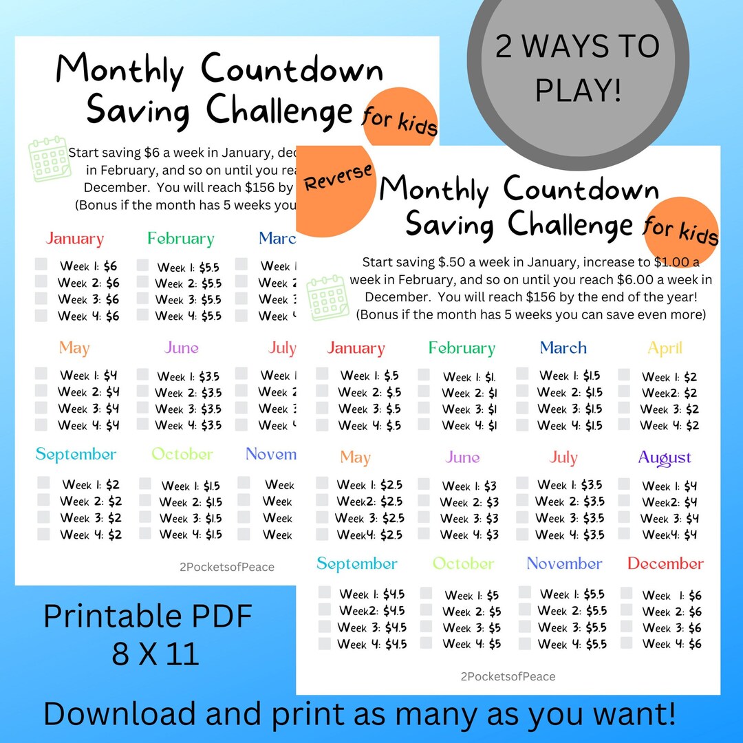 Kids Monthly Countdown Saving Challenge Kids Saving Challenge Printable ...