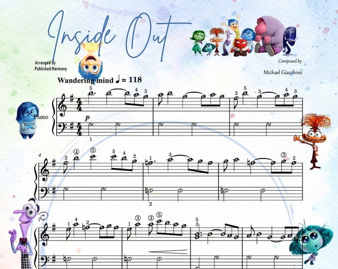 Insideout Attractive Piano Theme Sheet Music Score With Note Names - Etsy