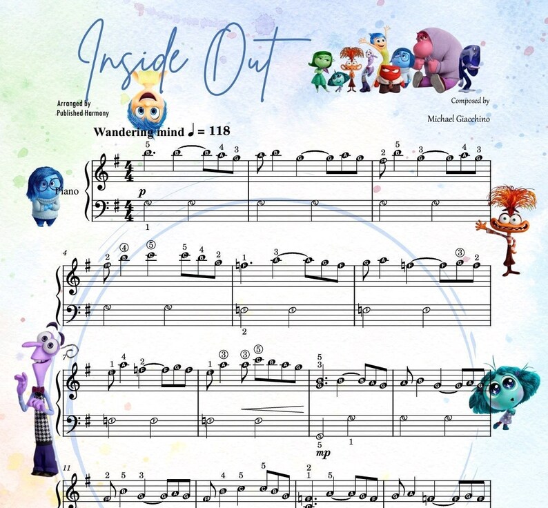 Insideout - Attractive Piano Theme Sheet Music Score With Note Names - Etsy