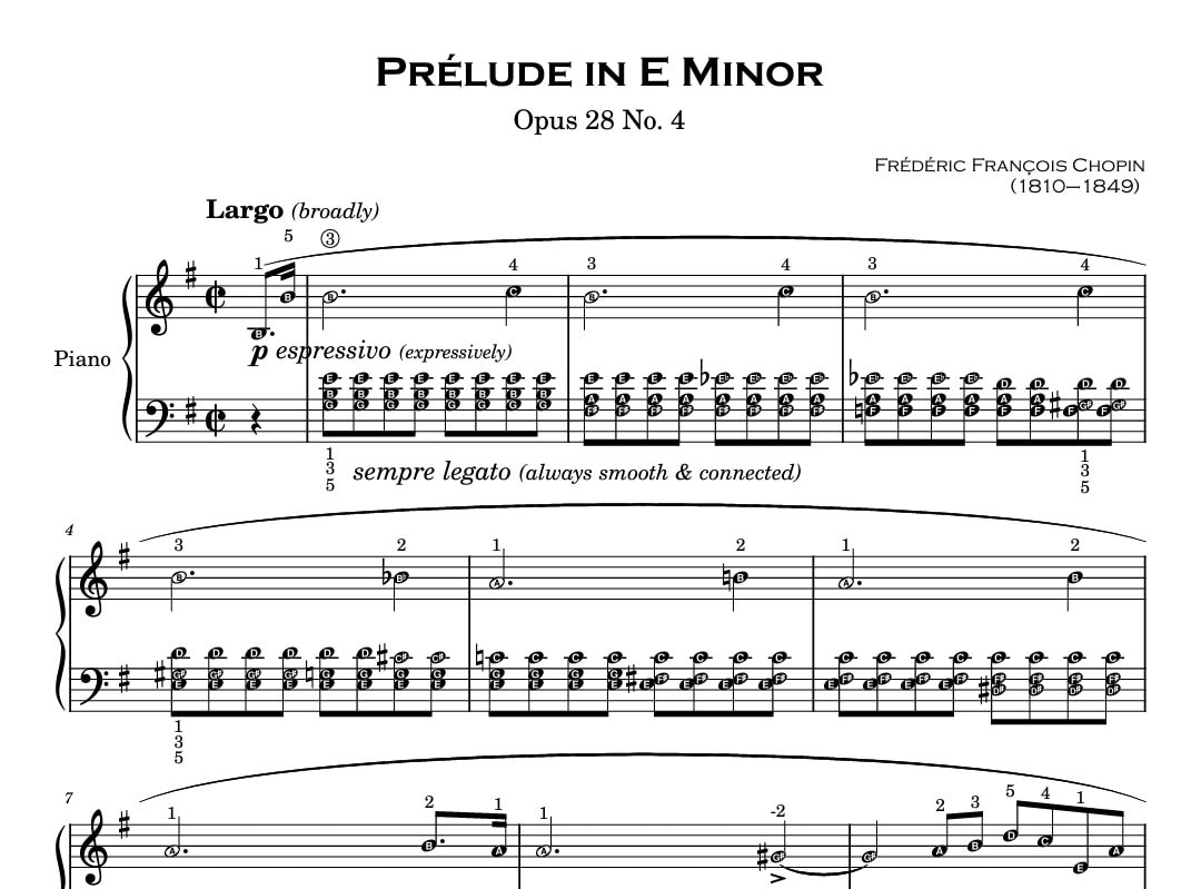 Prelude in E Minor - Chopin With Note Names, Finger Number Guides and ...