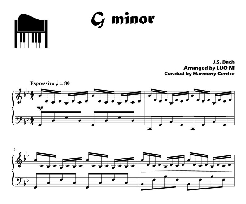 G Minor Bach Edited by Luo Ni - Piano Sheet Music Score With Note Names ...