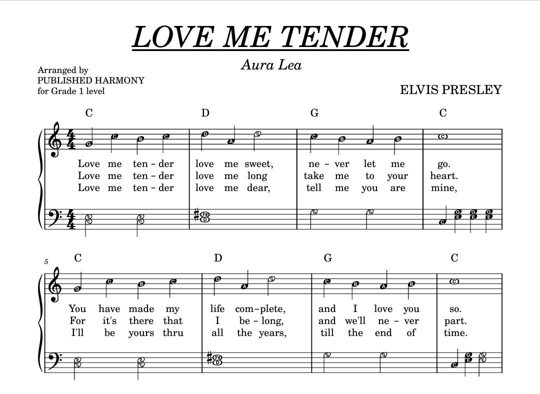 Love Me Tender - Easy Piano Music Sheet With Note Names Grade 1 With Lyrics - Etsy