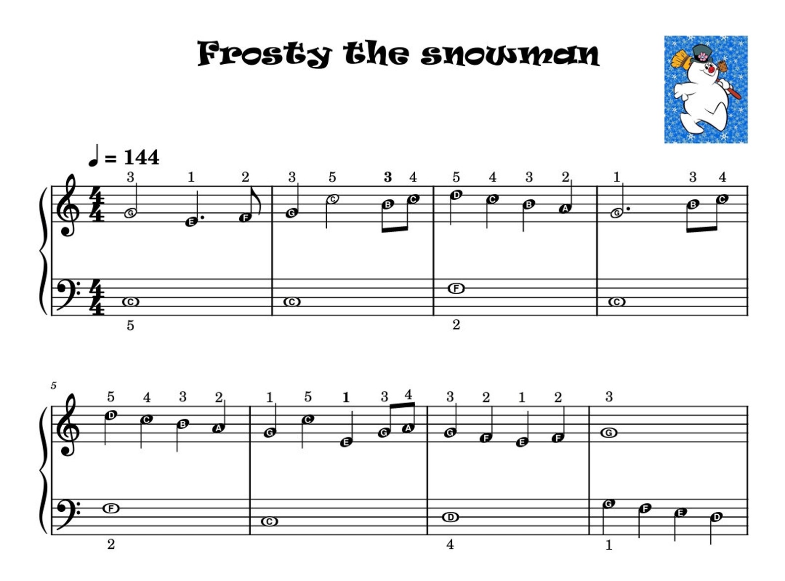 Frosty the Snowman Piano Sheet Music: Easy Learning, Grade 1 (PDF) - Etsy