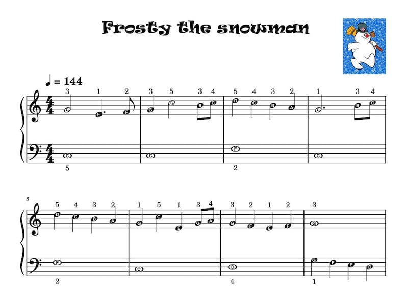 Frosty the Snowman Piano Sheet Music: Easy Learning, Grade 1 (PDF) - Etsy
