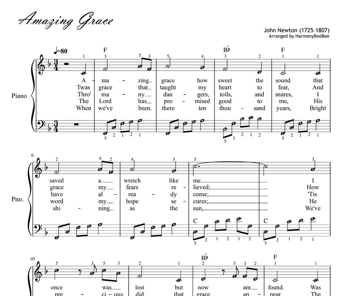 Amazing Grace For Easy Piano Sheet Music With Note Names & Finger 
