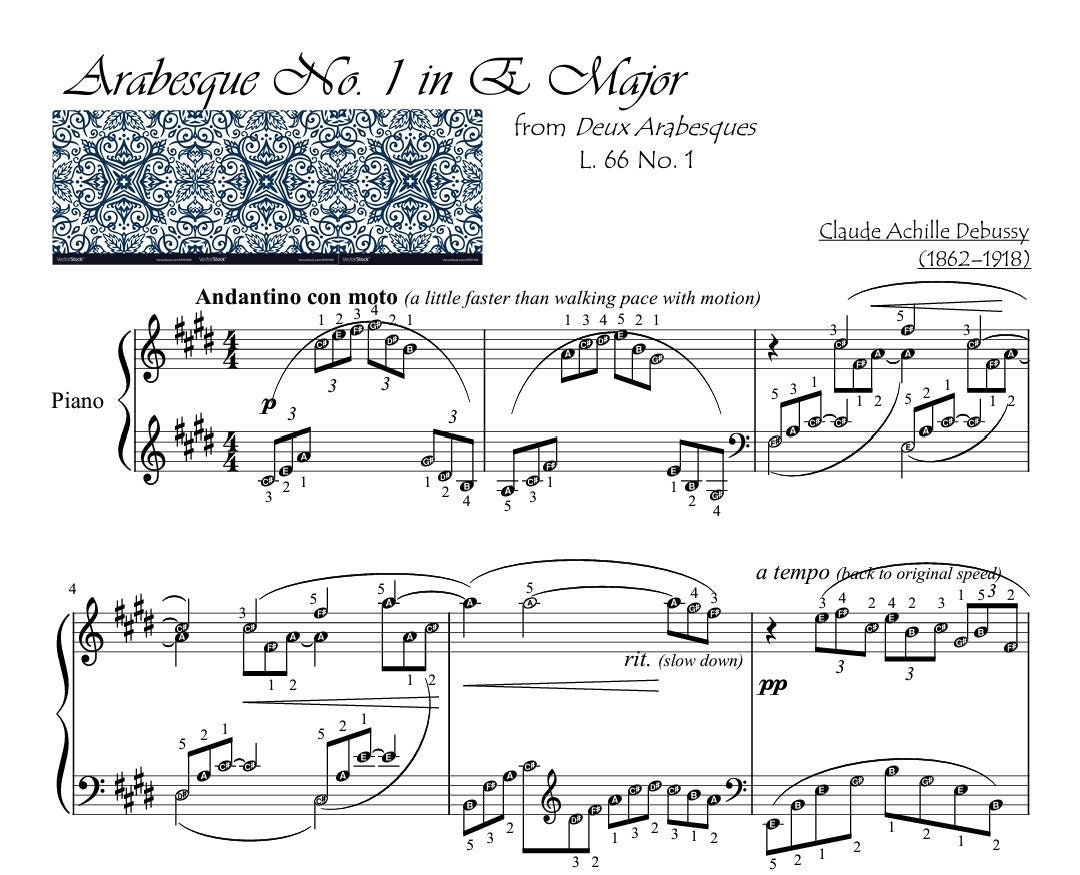 Arabesque No. 1 E Major Debussy Piano Sheet Music Romantic With Note ...