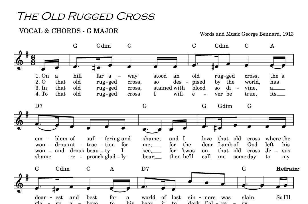 Old Rugged Cross - Choir and Vocal Music Sheet With Chords, Lyrics and ...