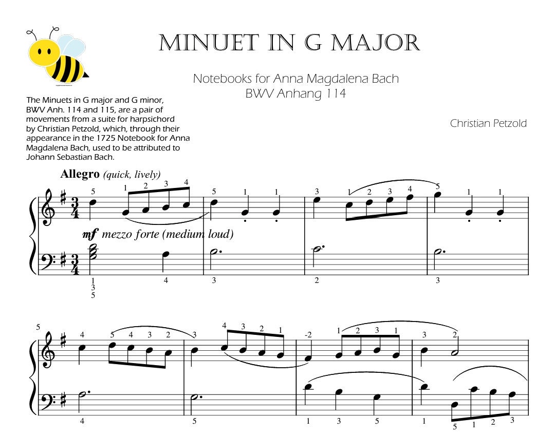 Minuet in G Major - JS Bach Piano Sheet Music With Note Names, Finger ...