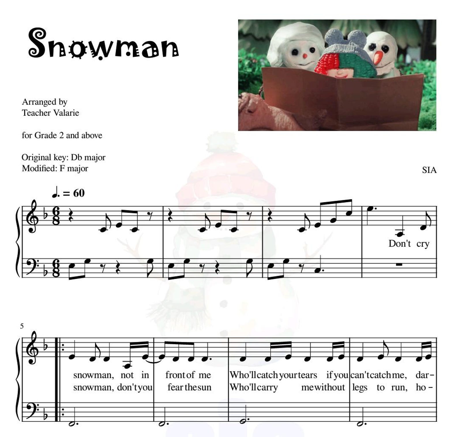 Snowman SIA - Piano Sheet Music Score Grade 2 With Note Names Lyrics ...