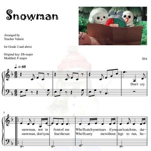 Snowman SIA - Piano Sheet Music Score Grade 2 With Note Names Lyrics ...