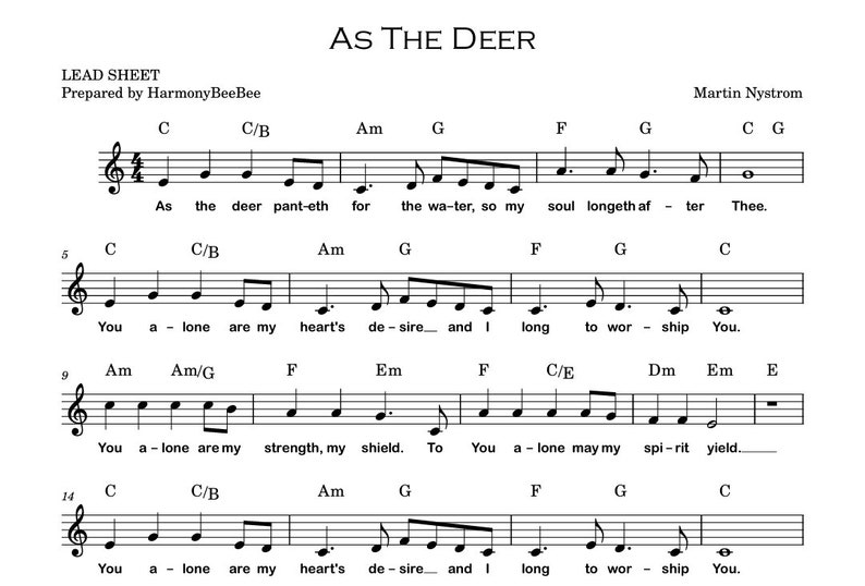 As the Deer - Piano Sheet Music Score With Note Names & FREE Lead Sheet ...