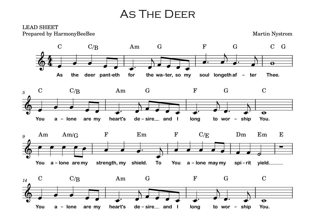 As the Deer - Piano Sheet Music Score With Note Names & FREE Lead Sheet ...