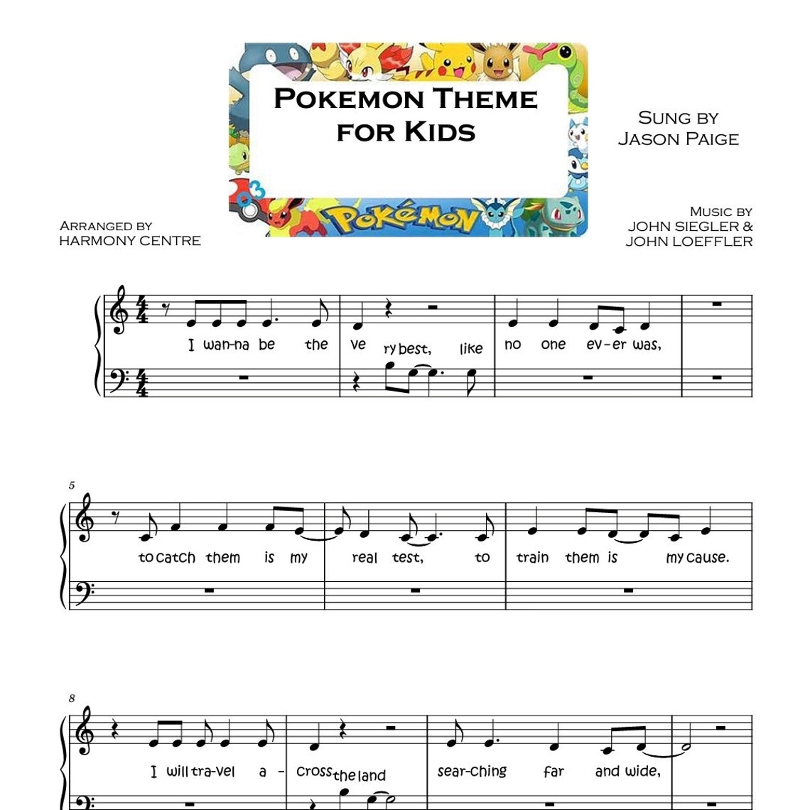 P0kem0n Theme for Kids ~ Piano Sheet Music Score With Note Names ...