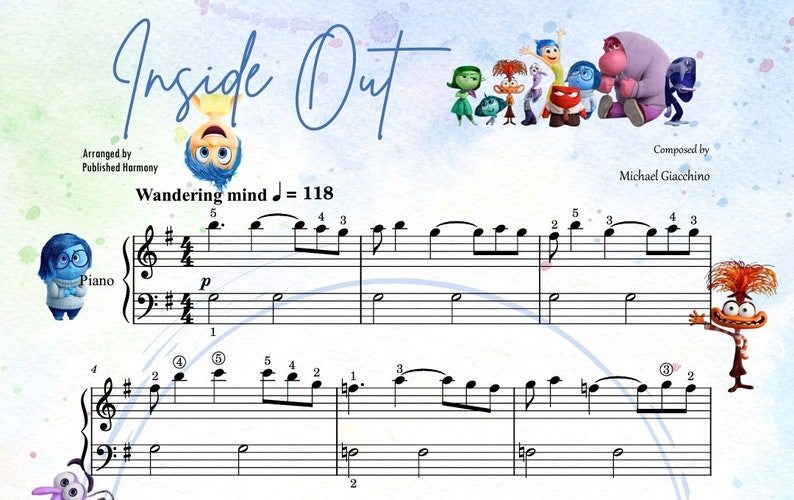 Insideout - Attractive Piano Theme Sheet Music Score With Note Names - Etsy