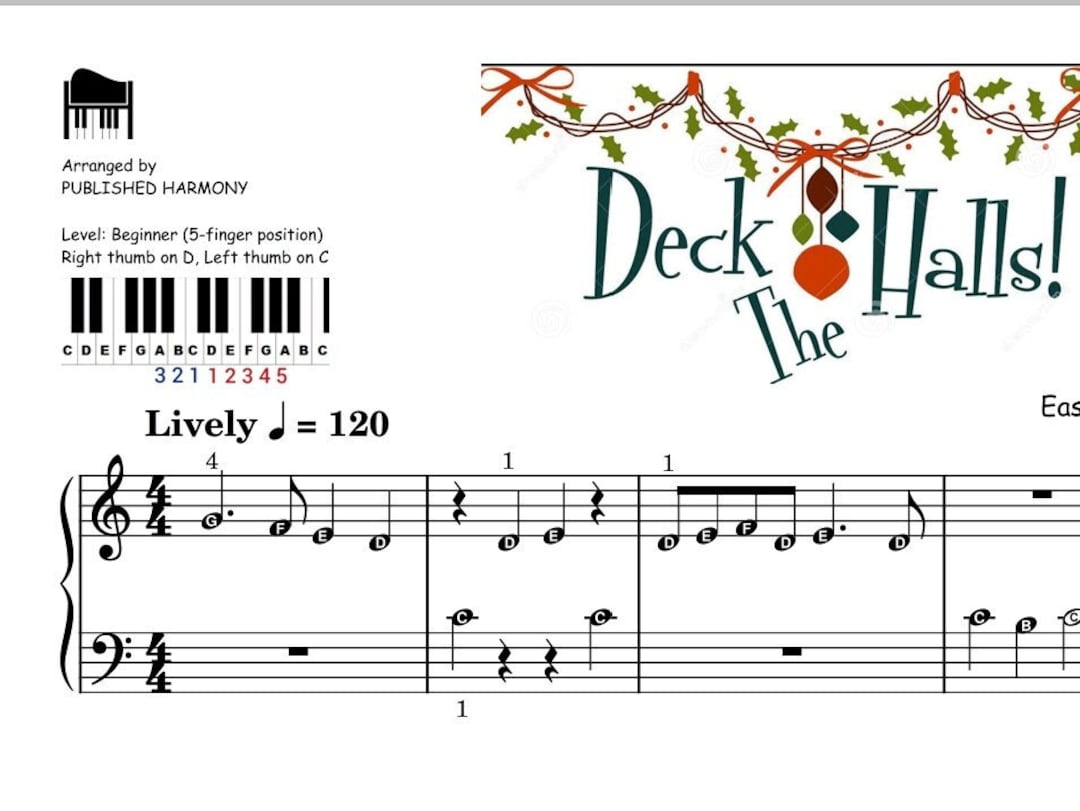 Deck the Halls - Easy Piano for Beginners Kids Students With Note Names ...