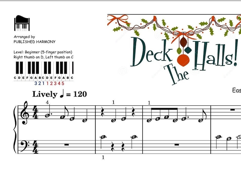 Deck the Halls - Easy Piano for Beginners Kids Students With Note Names - Etsy