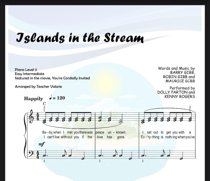 Islands in the Stream - Piano Sheet Music Score With Note Names Lyrics ...