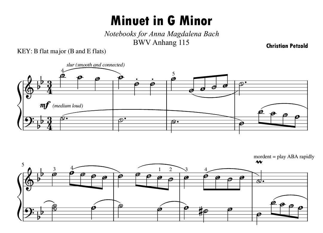 Minuet in G Minor - Bach BWV 115 - Piano Sheet Music With Note Names & Scales Guide - Etsy