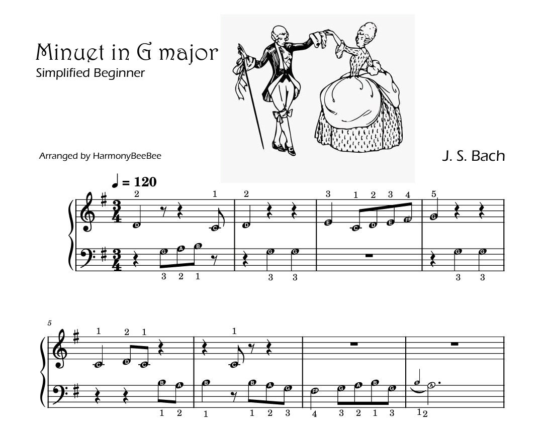 Minuet in G Major (J S Bach) Simplified for Beginners Piano Sheets for ...