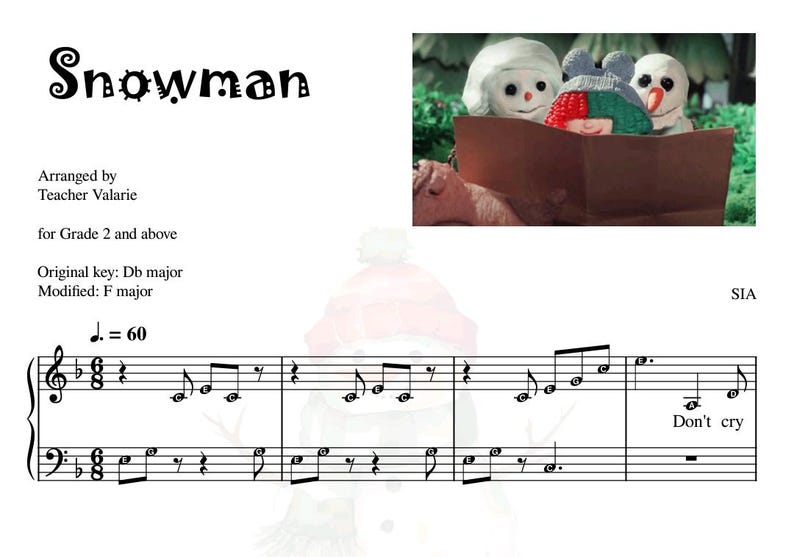 Snowman SIA - Piano Sheet Music Score Grade 2 With Note Names Lyrics ...