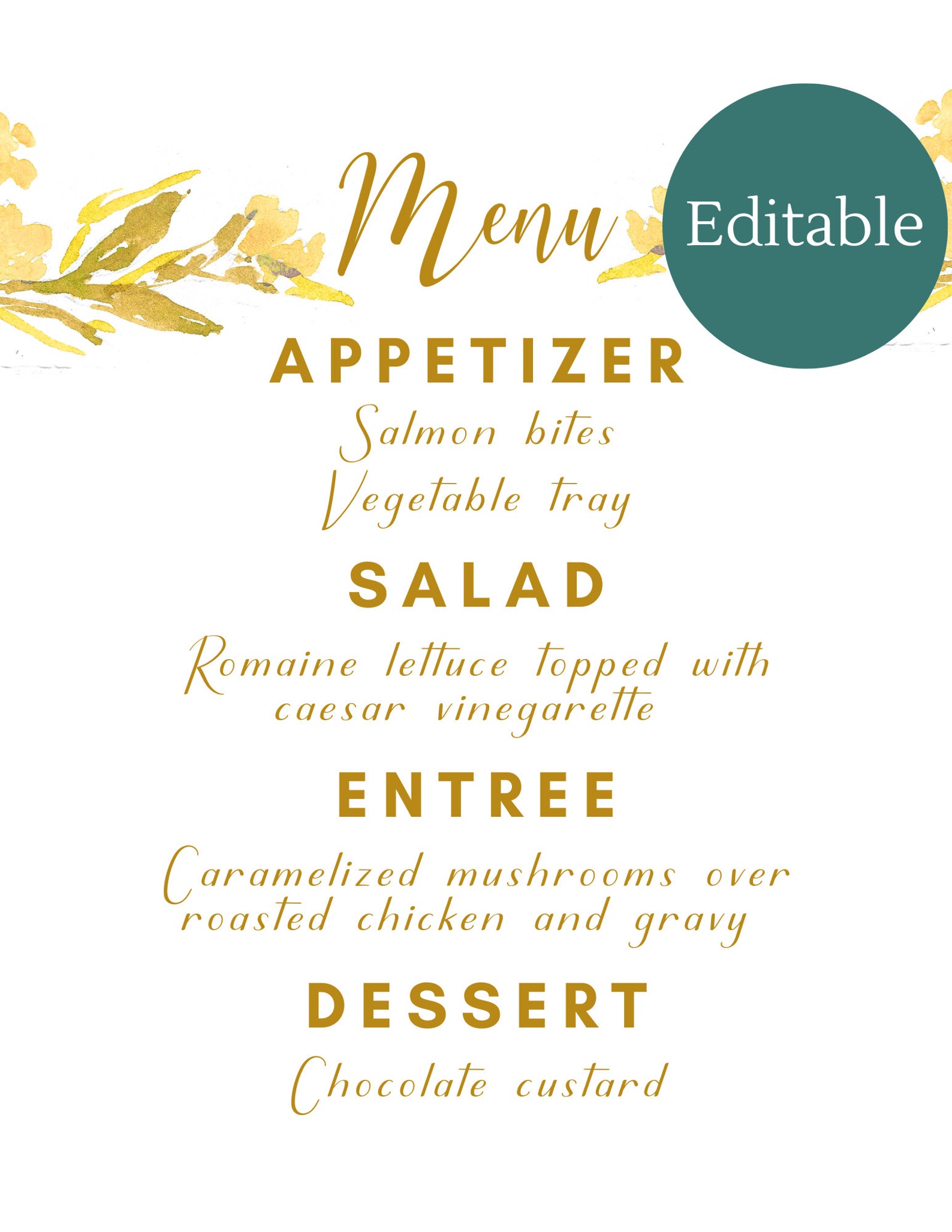 Simple Editable Menu Template, Downloadable Menu for Weddings, Parties ...