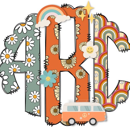 Retro Boho Floral Doodle Letters Hand Drawn Doodle Alpha - Etsy