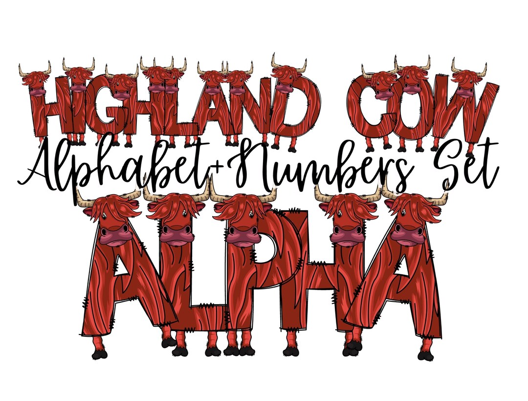 Highland Cow Doodle Letters Alphabet With Uppercase and Numbers PNG ...