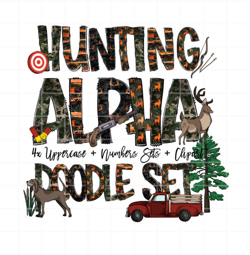 Deer Hunting Doodle Letters, Camo Alphabet, Orange Alphabet PNG, Entire ...