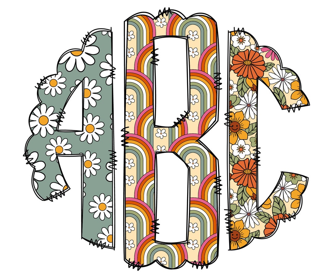 Retro Rainbow Monogram Letters, Hippy Flower Sublimation PNG Doodle ...