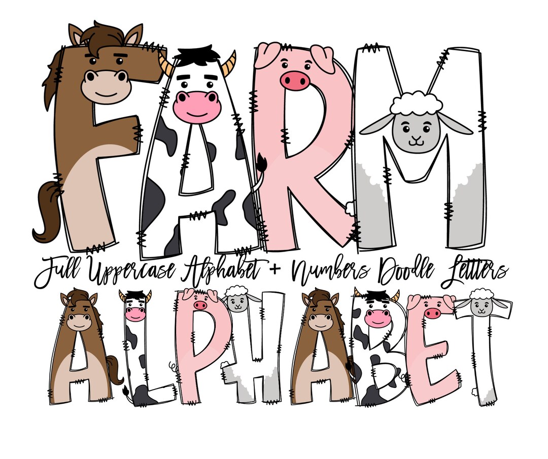 Farm Animal Doodle Letters, Horse Alphabet, Cow Alphabet PNG, Entire ...