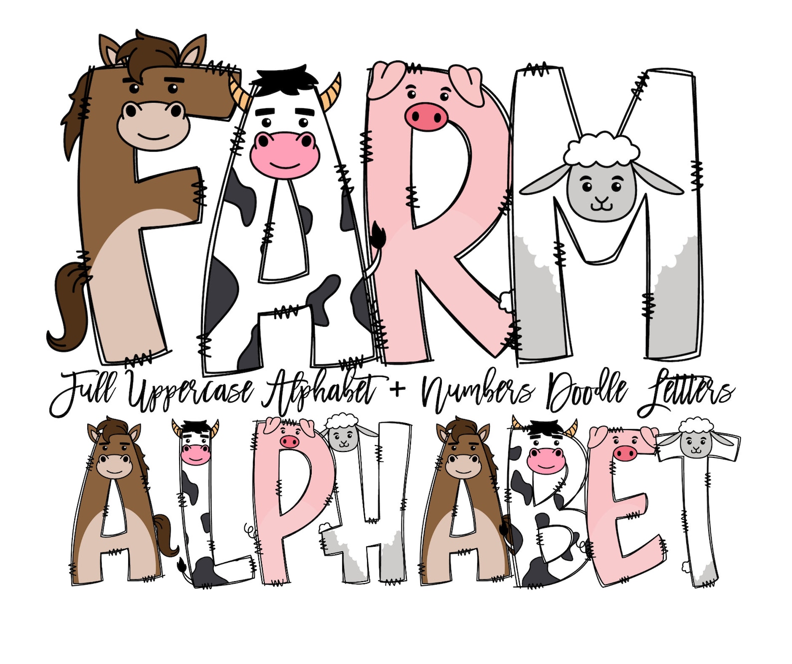 Farm Animal Doodle Letters, Horse Alphabet, Cow Alphabet PNG, Entire ...
