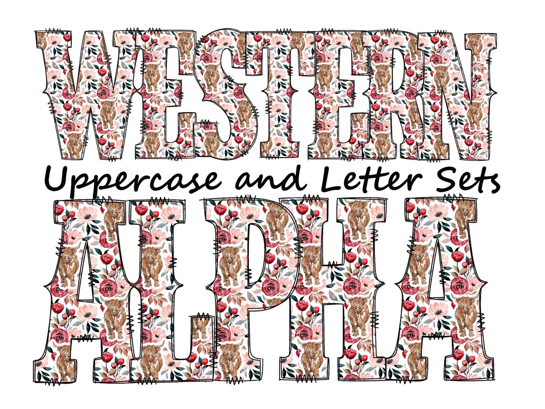 Highland Bull Outback Western Doodle Letters, Floral Pink Individually ...