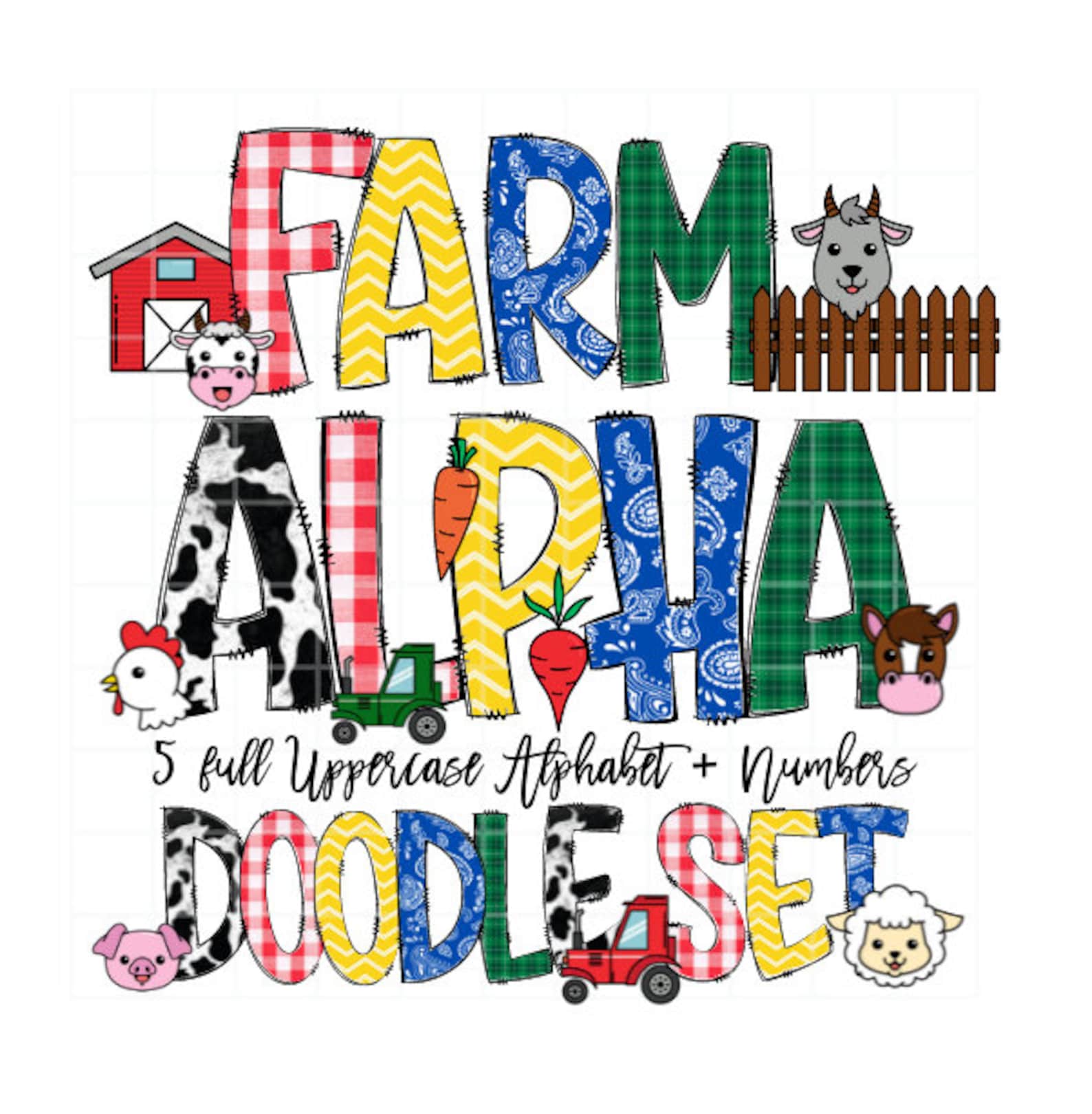 Farm Animal Doodle Letters With Clipart, Clipart Sublimation Pngs ...