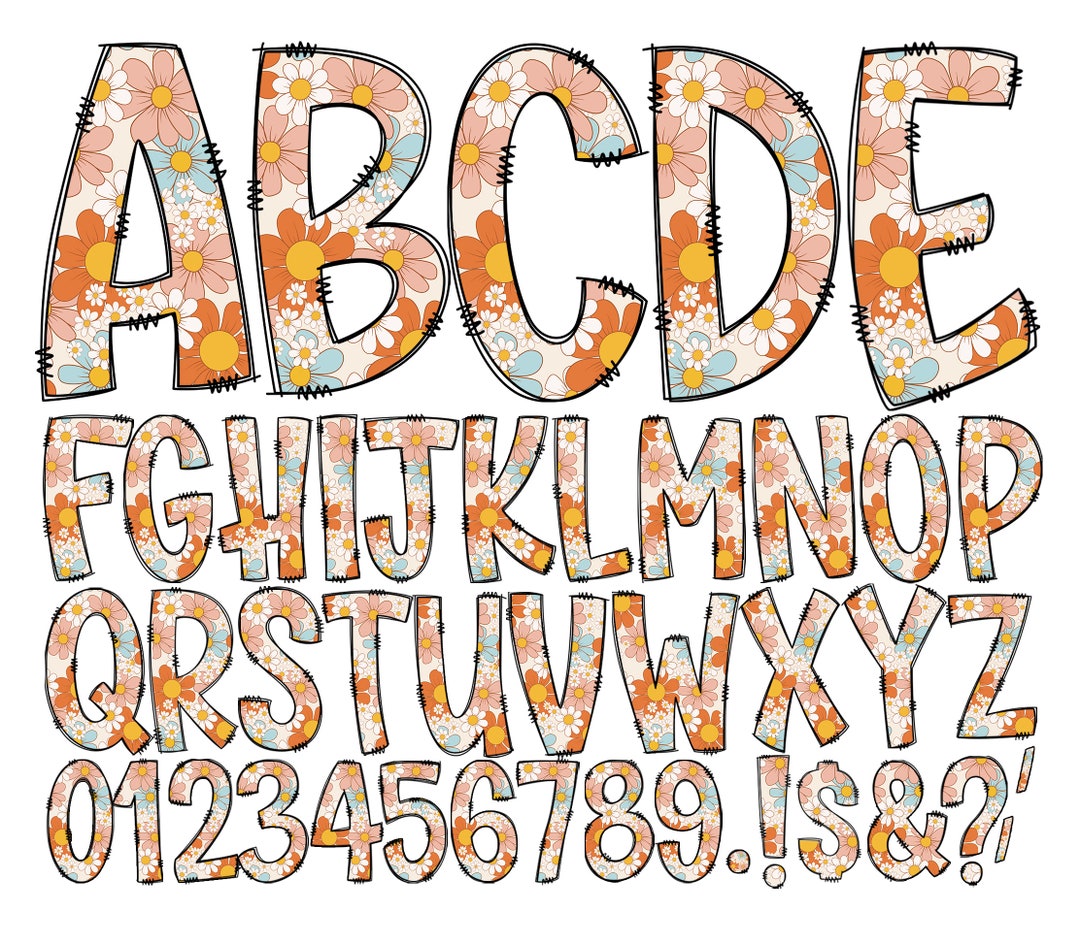 Retro Flower Doodle Letters, Transparent Background, Individually Saved ...