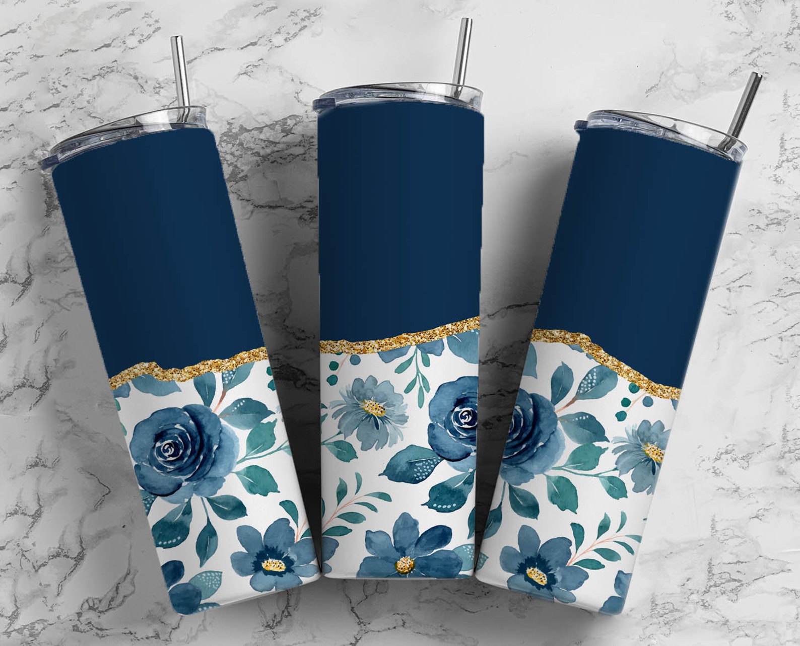 Navy Blue Flower 20oz Sublimation Tumbler Designs, Aestheticfloral 9.2 ...