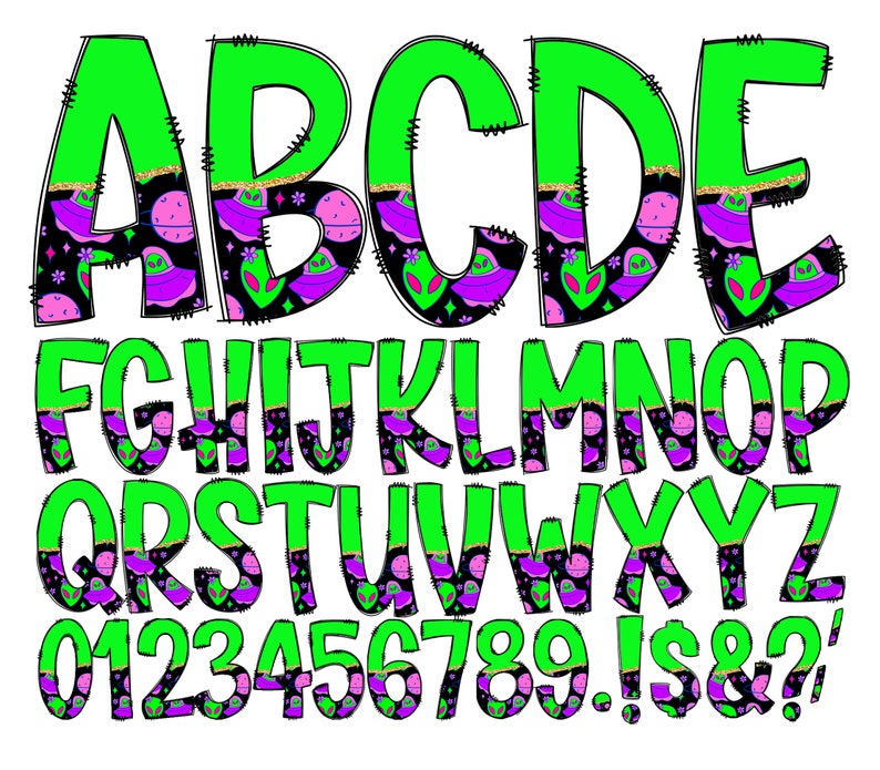 Green Alien Tumbler Wrap With Matching Doodle Letter Alphabet PNG ...