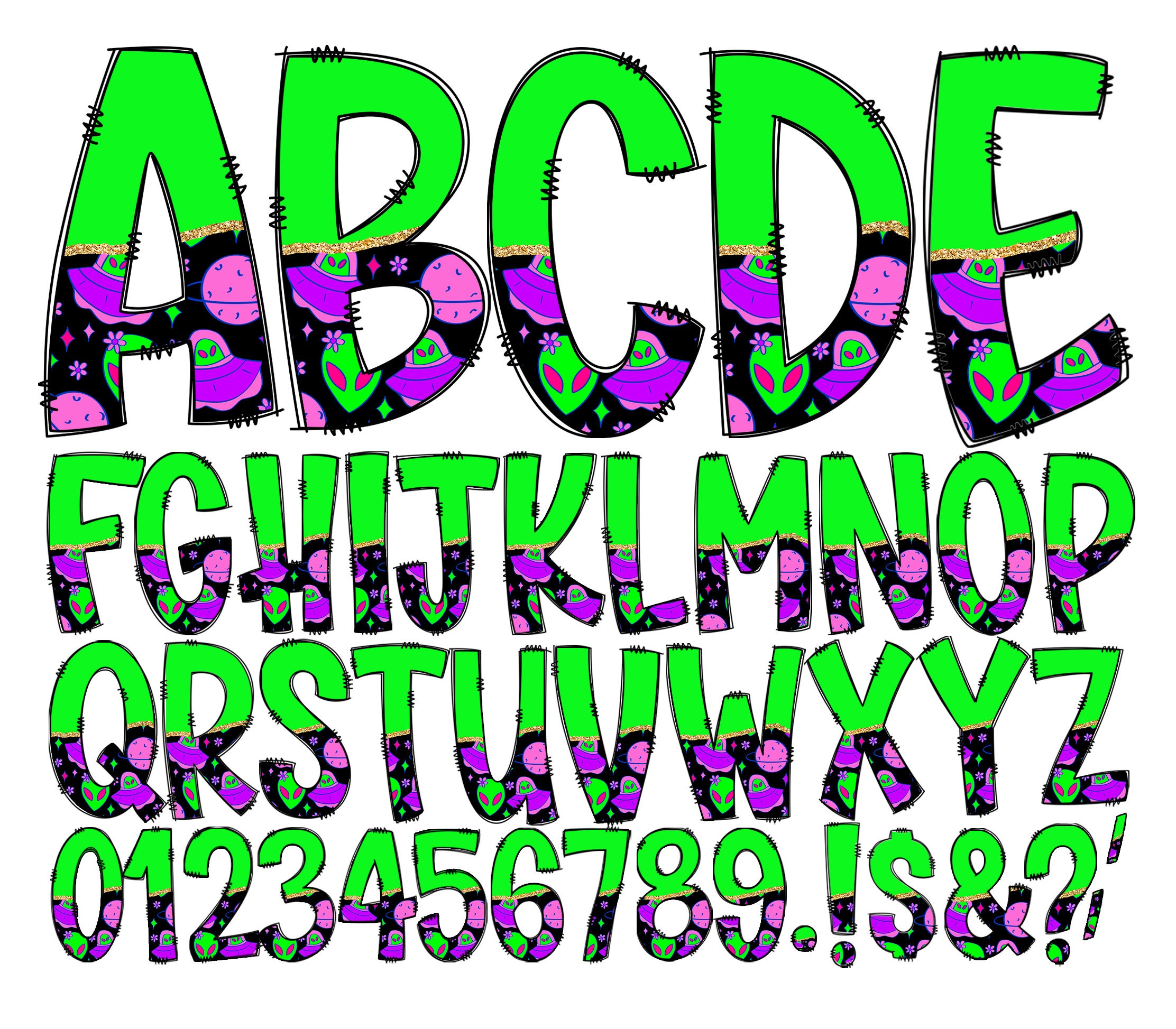 Green Alien Tumbler Wrap With Matching Doodle Letter Alphabet PNG ...