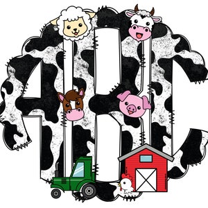 Farm Monogram Letters, Farm Animal Sublimation PNG Doodle Alpha Bundle ...