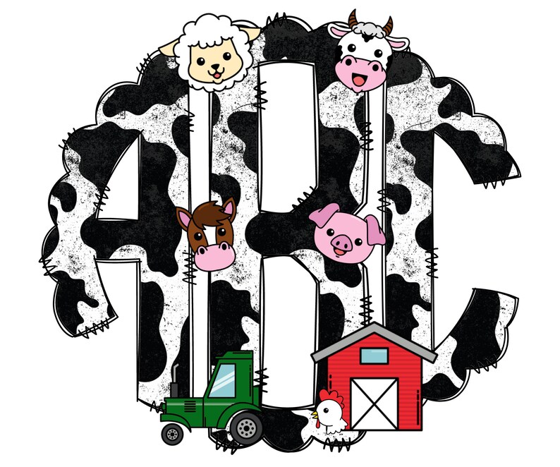 Farm Monogram Letters, Farm Animal Sublimation PNG Doodle Alpha Bundle ...