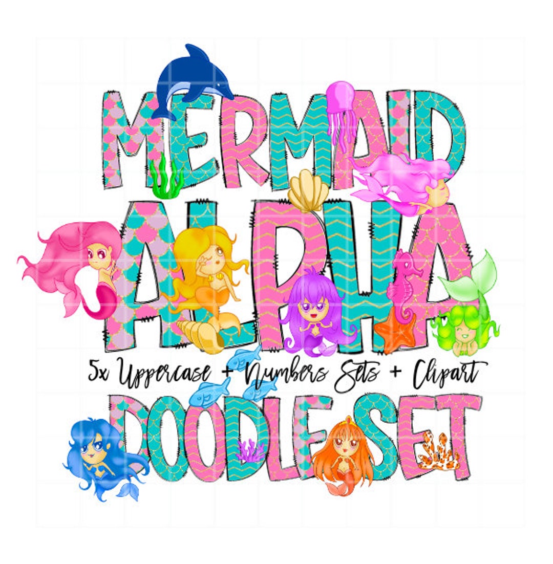 Mermaid Doodle Letters, Mermaid Alphabet, Alphabet PNG, Entire Doodle ...