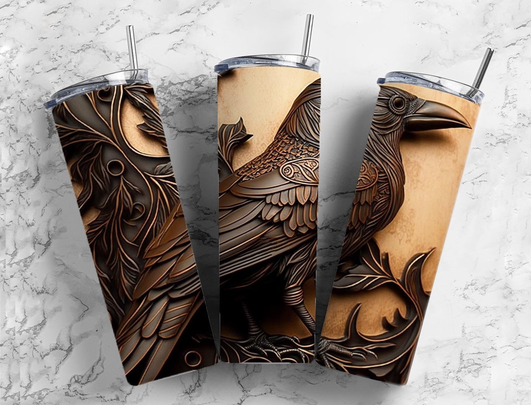 Tooled Leather Crow 20oz Sublimation Tumbler Designs, Engraved Leather ...