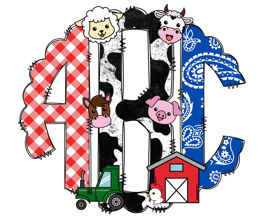 Farm Monogram Letters, Farm Animal Sublimation PNG Doodle Alpha Bundle ...