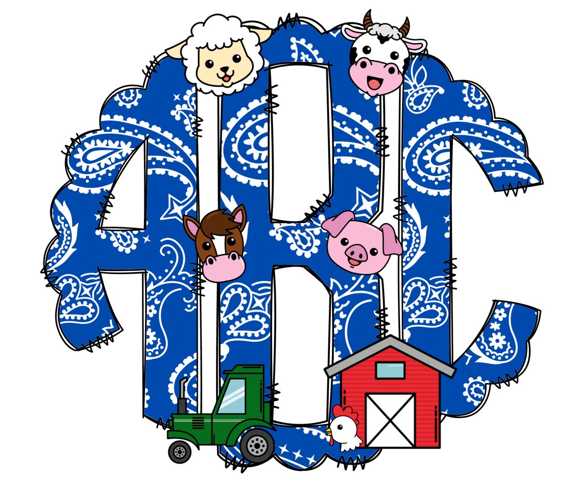 Farm Monogram Letters, Farm Animal Sublimation PNG Doodle Alpha Bundle ...