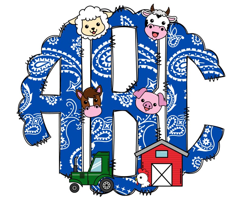 Farm Monogram Letters, Farm Animal Sublimation PNG Doodle Alpha Bundle ...