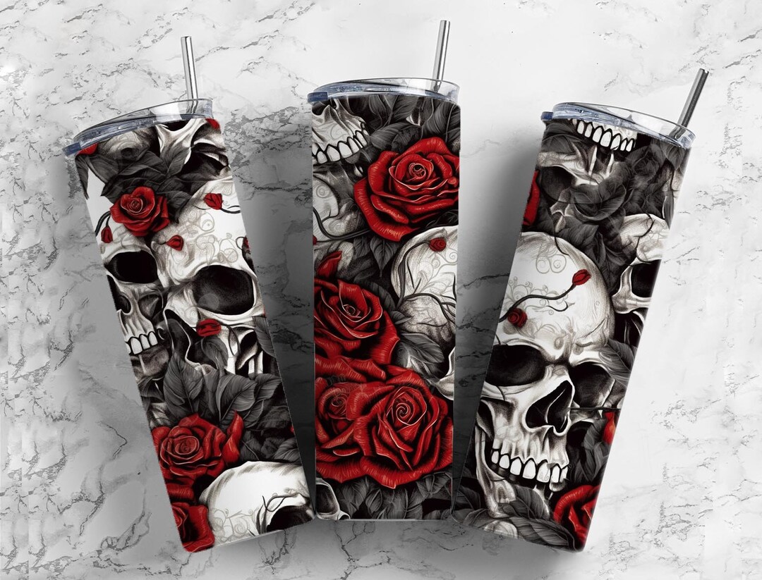Skull and Roses 20oz Sublimation Tumbler Designs, Skeleton Floral 9.2 X ...