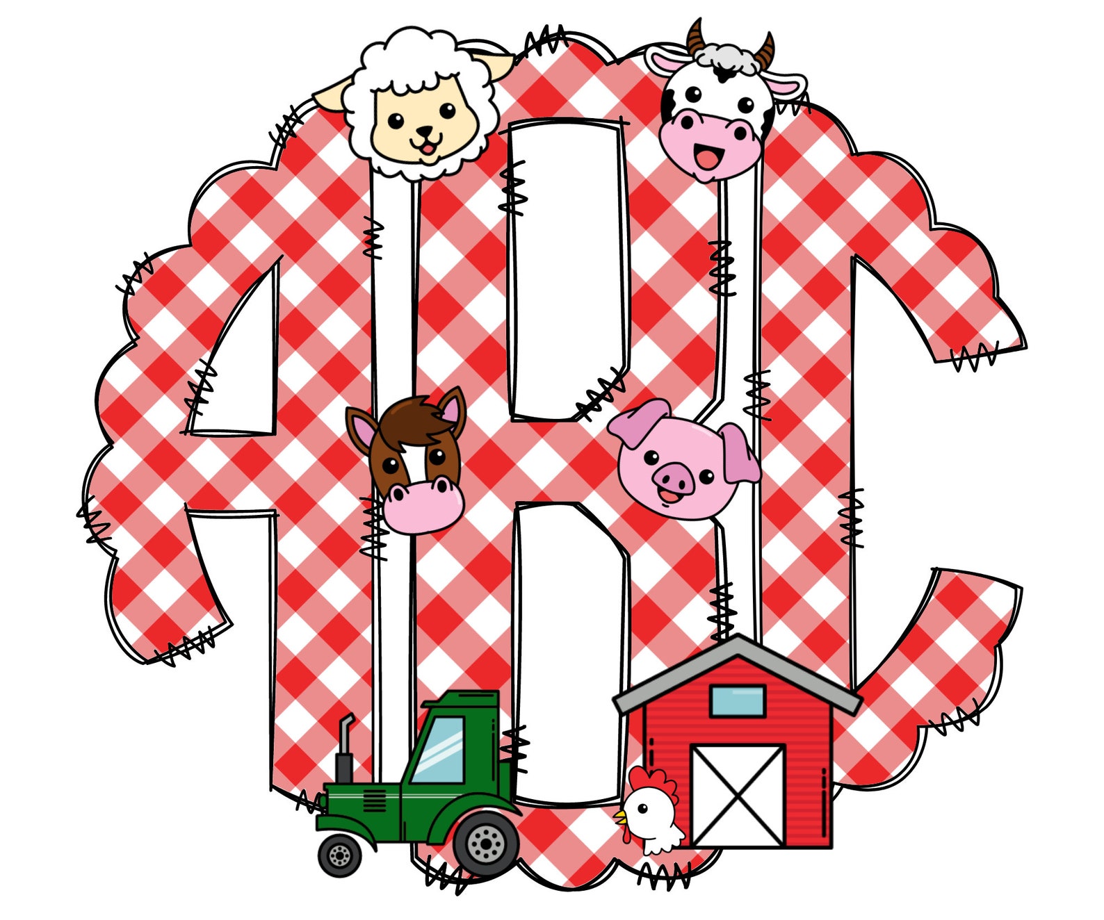 Farm Monogram Letters, Farm Animal Sublimation PNG Doodle Alpha Bundle ...