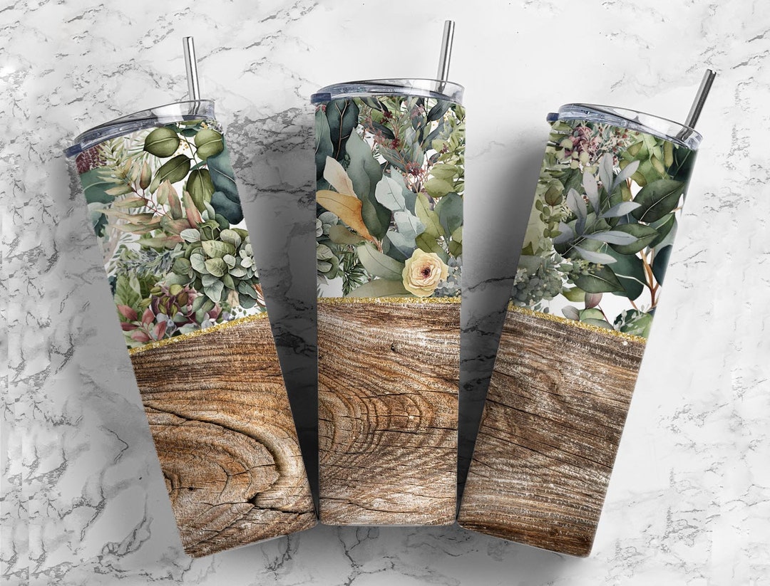 Woodgrain Greenery 20oz Sublimation Tumbler Design Wrap Half Split 9.2 ...